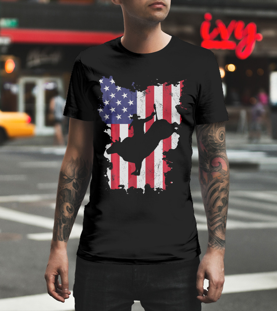 Bull Riding Cowboy Silhouette USA Flag T-Shirt