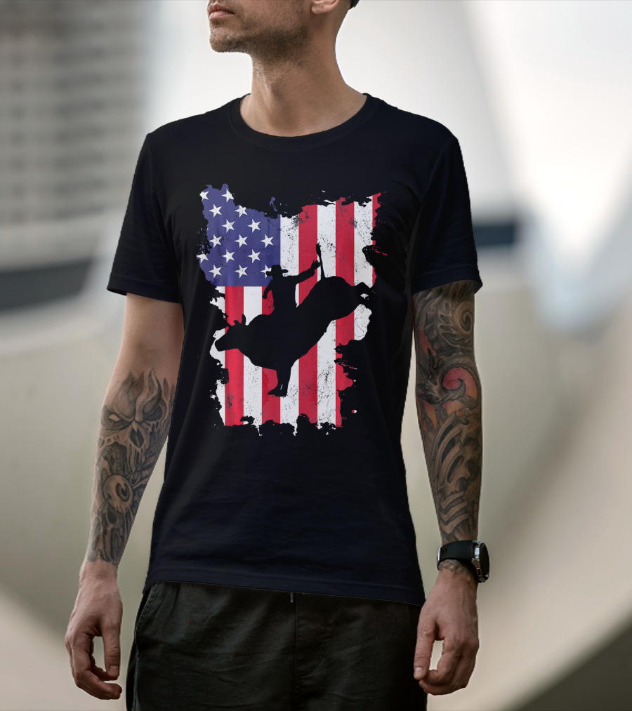 Bull Riding Cowboy Silhouette USA Flag T-Shirt