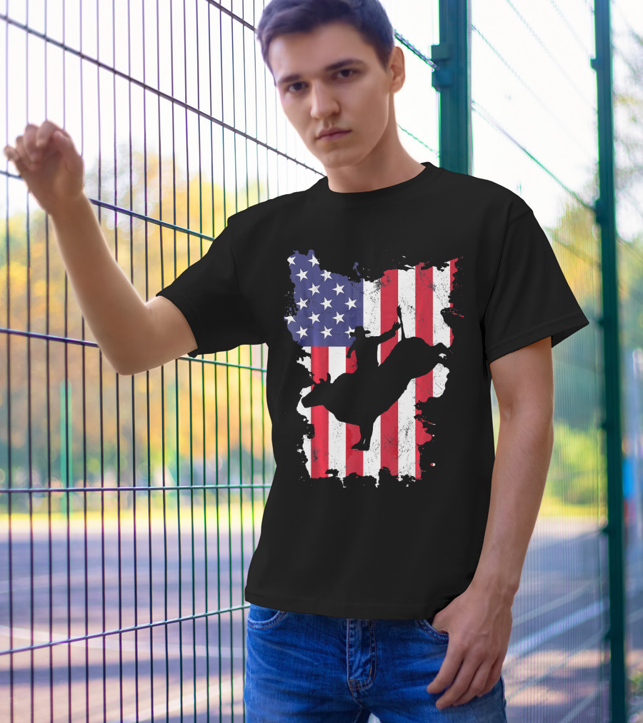 Bull Riding Cowboy Silhouette USA Flag T-Shirt