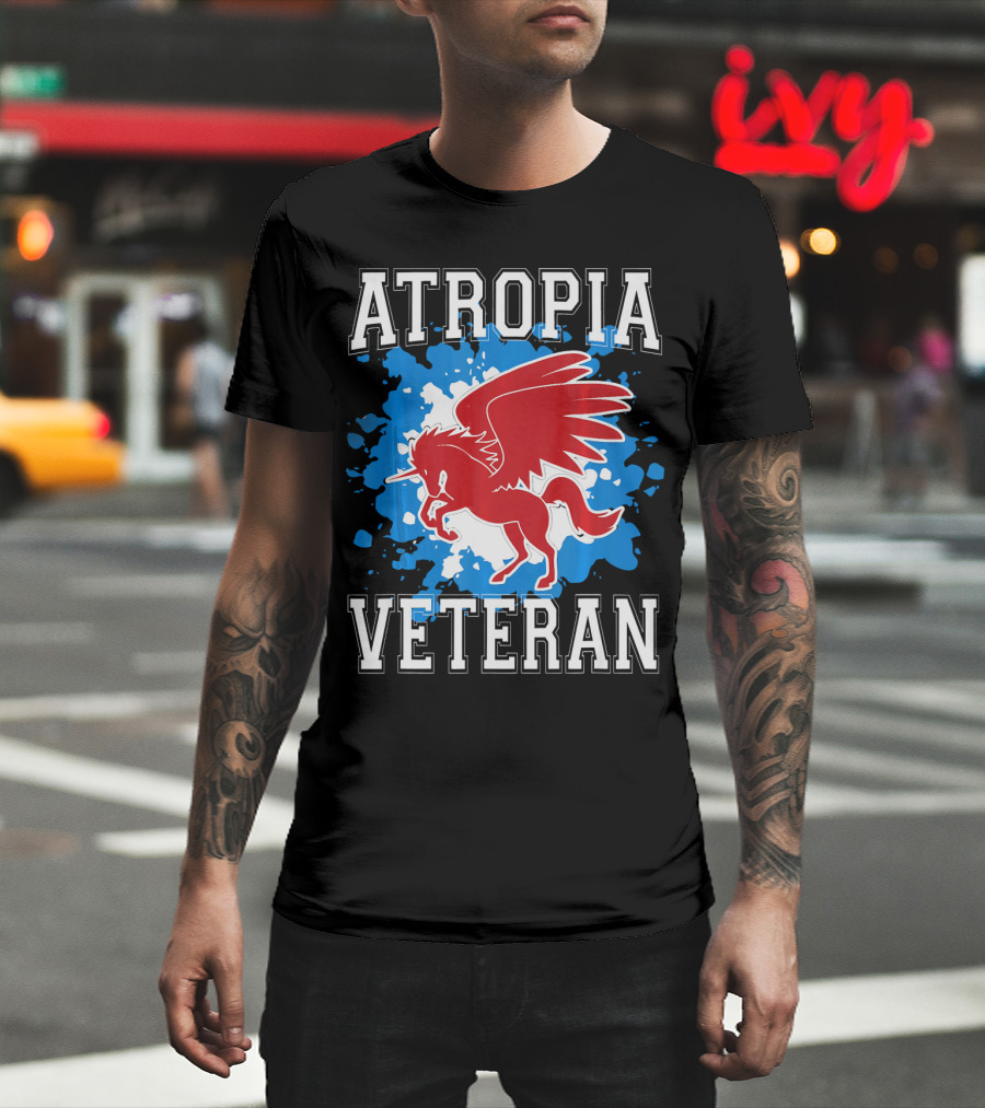 Atropia Veteran Red Winged Unicorn With Blue Splash T-Shirt