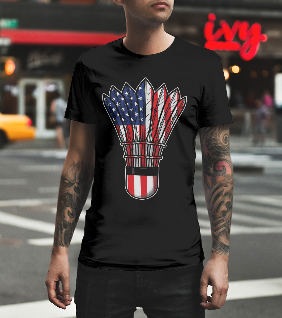 Funny Badminton Shuttlecock American Flag Patriot Player Love T-Shirt