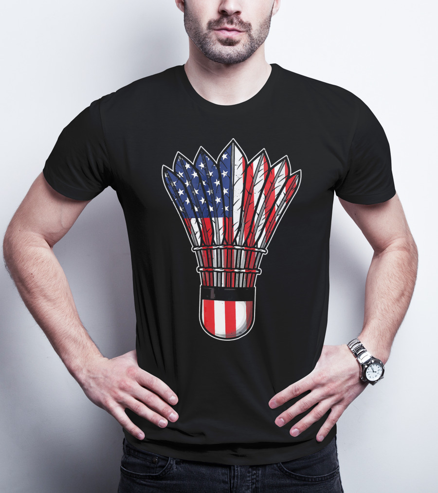 Funny Badminton Shuttlecock American Flag Patriot Player Love T-Shirt