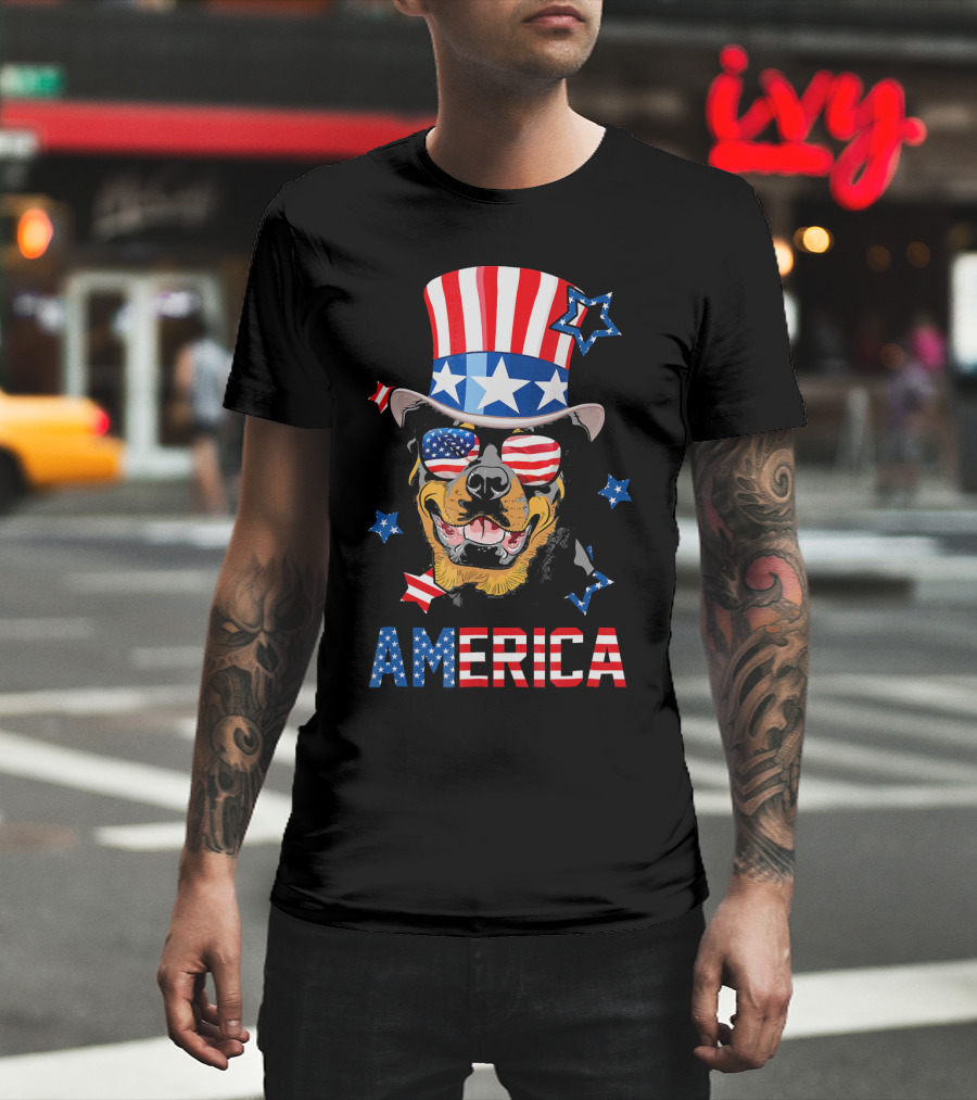 America Rottweiler Wearing Patriotic Top Hat And Sunglasses T-Shirt