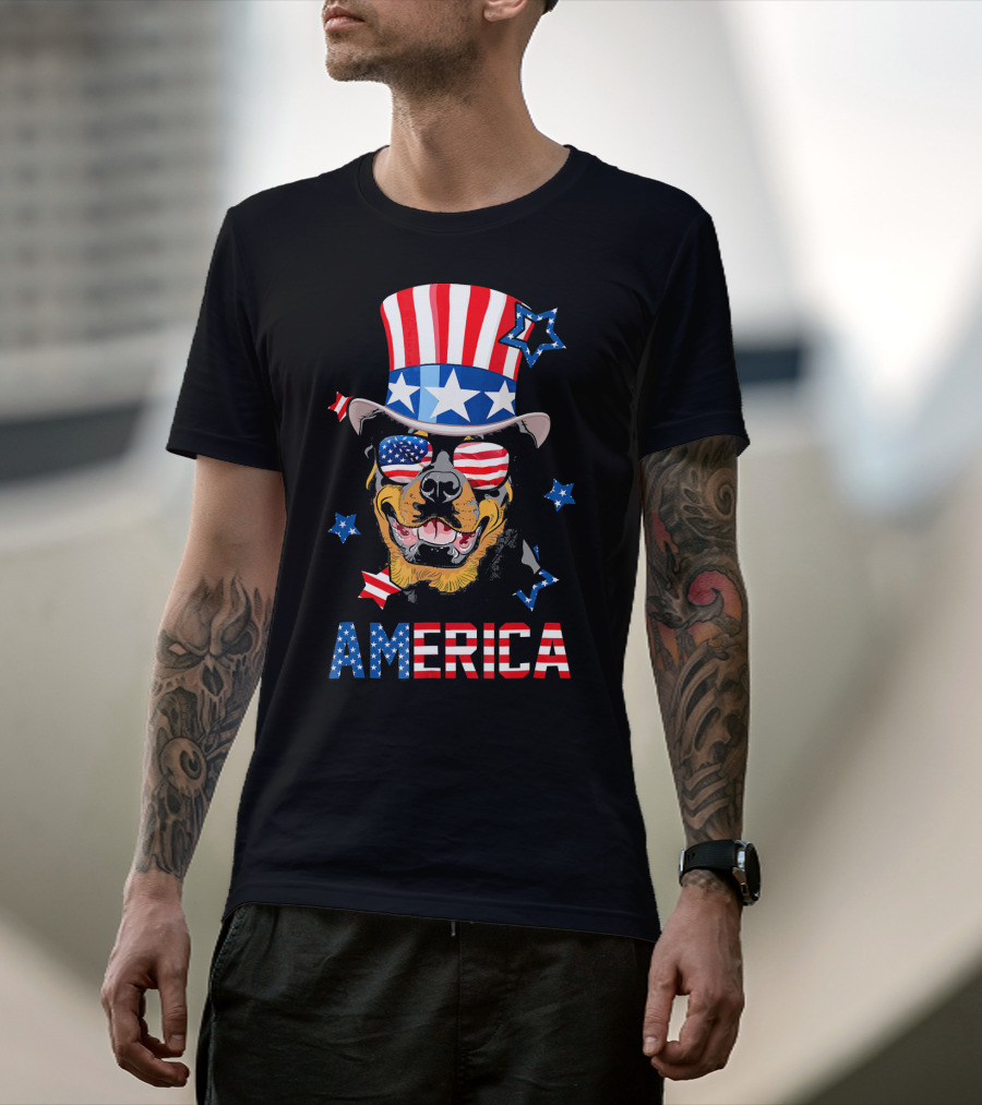 America Rottweiler Wearing Patriotic Top Hat And Sunglasses T-Shirt