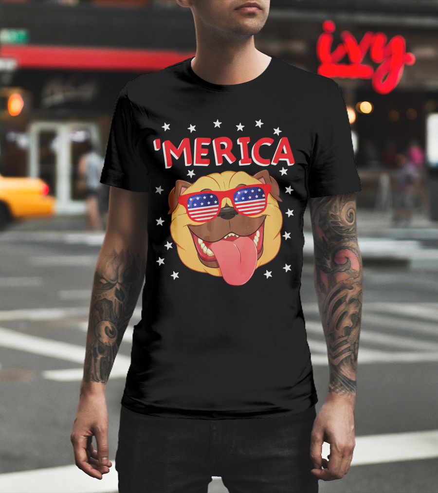 'Merica Pug Wearing American Flag Sunglasses With Stars T-Shirt