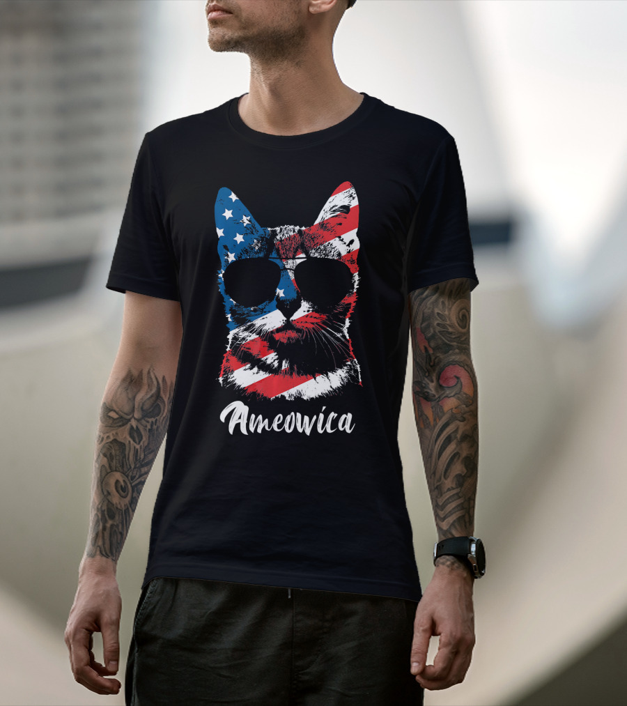 Ameowica Funny Cat Lover Patriotic Stars And Stripes Sunglasses T-Shirt