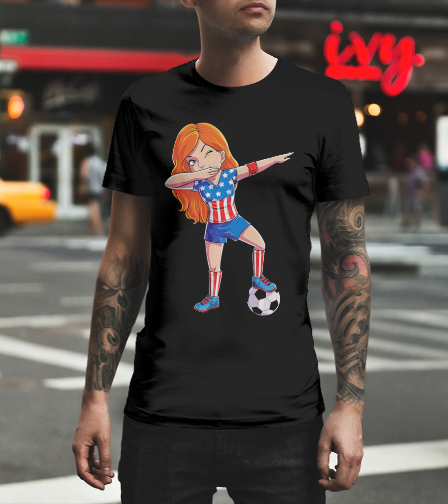 Dabbing Soccer Girl USA Flag Stars And Stripes Jersey T-Shirt