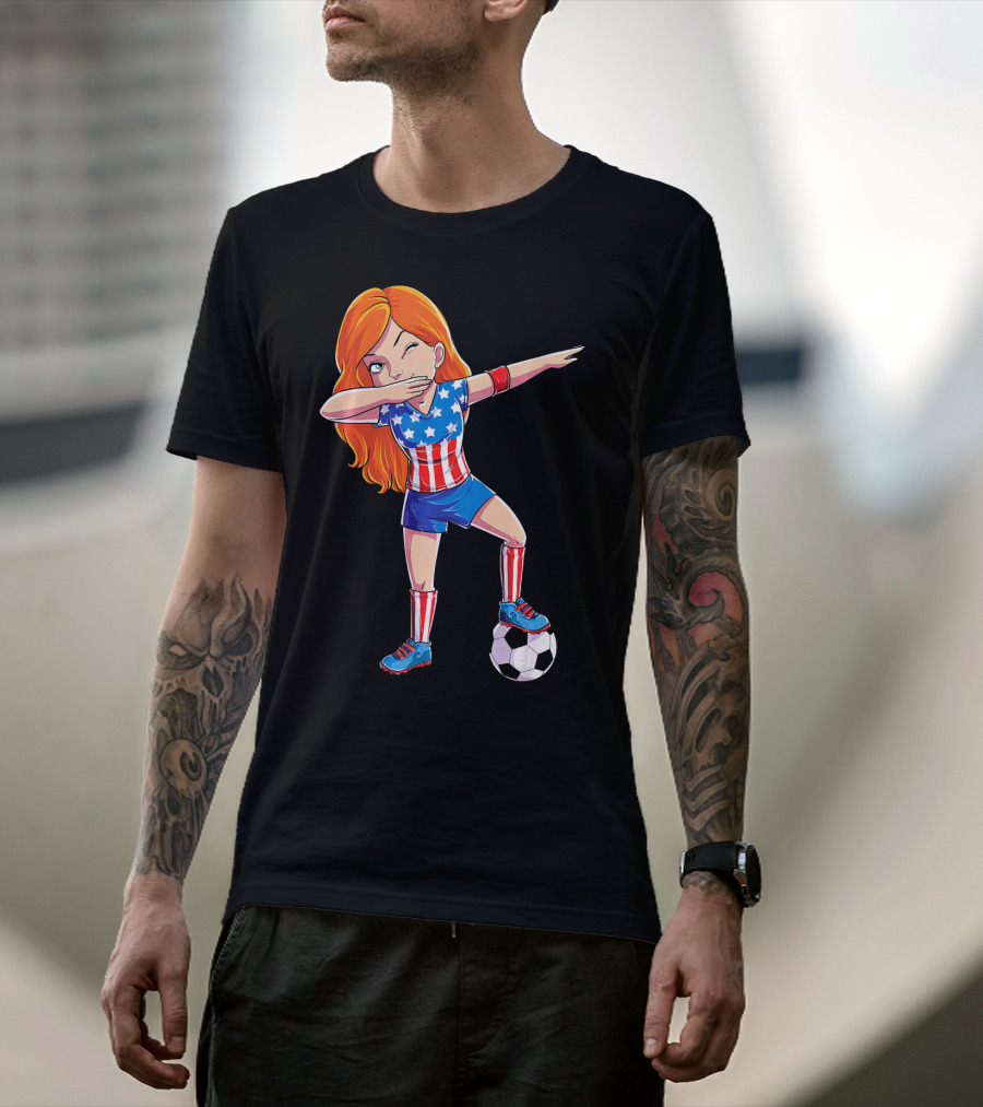 Dabbing Soccer Girl USA Flag Stars And Stripes Jersey T-Shirt
