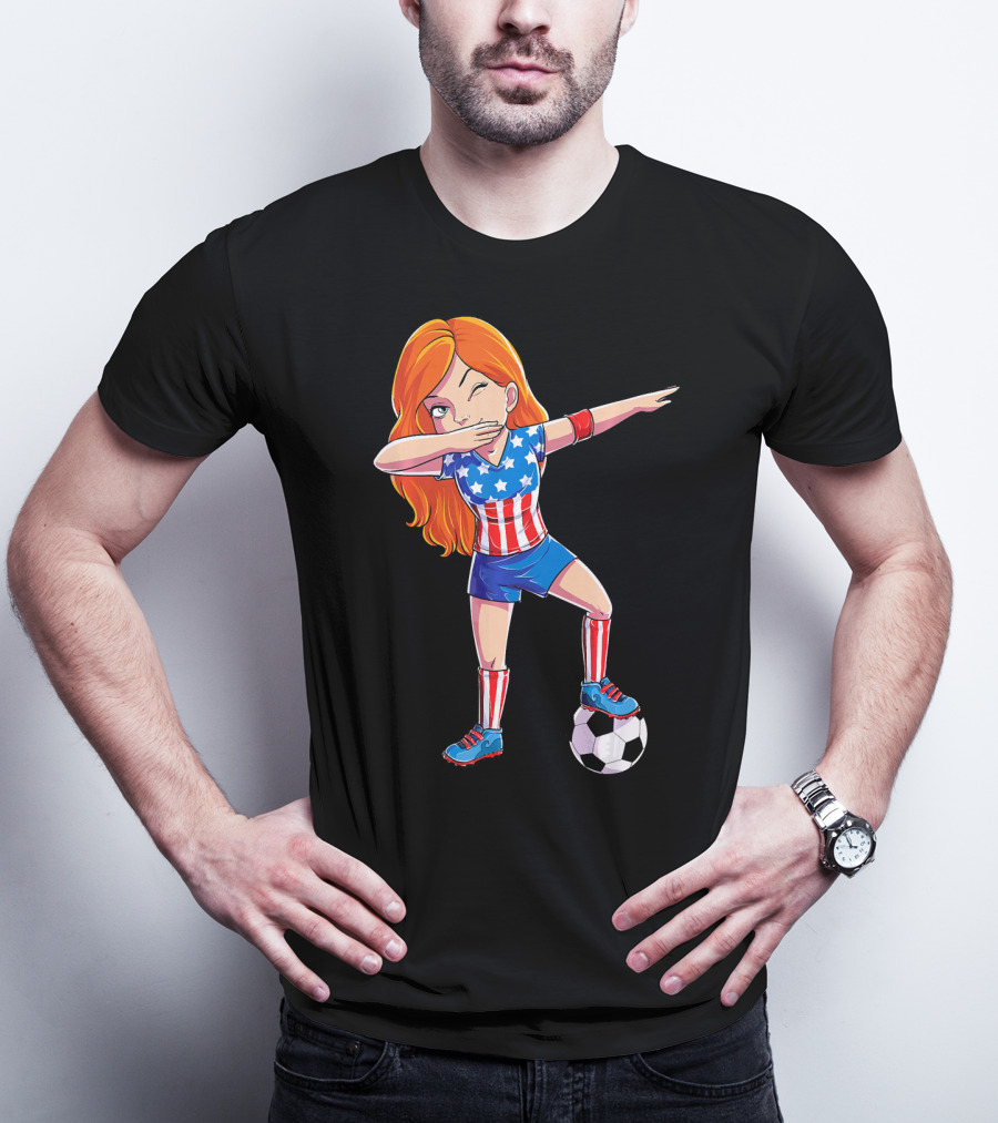 Dabbing Soccer Girl USA Flag Stars And Stripes Jersey T-Shirt