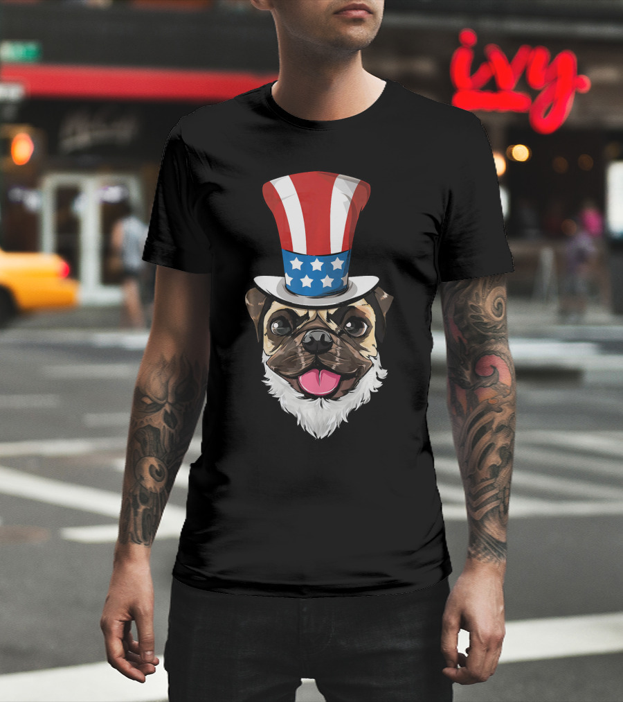 Pug Dog Wearing Uncle Sam Hat And Lincoln Beard T-Shirt