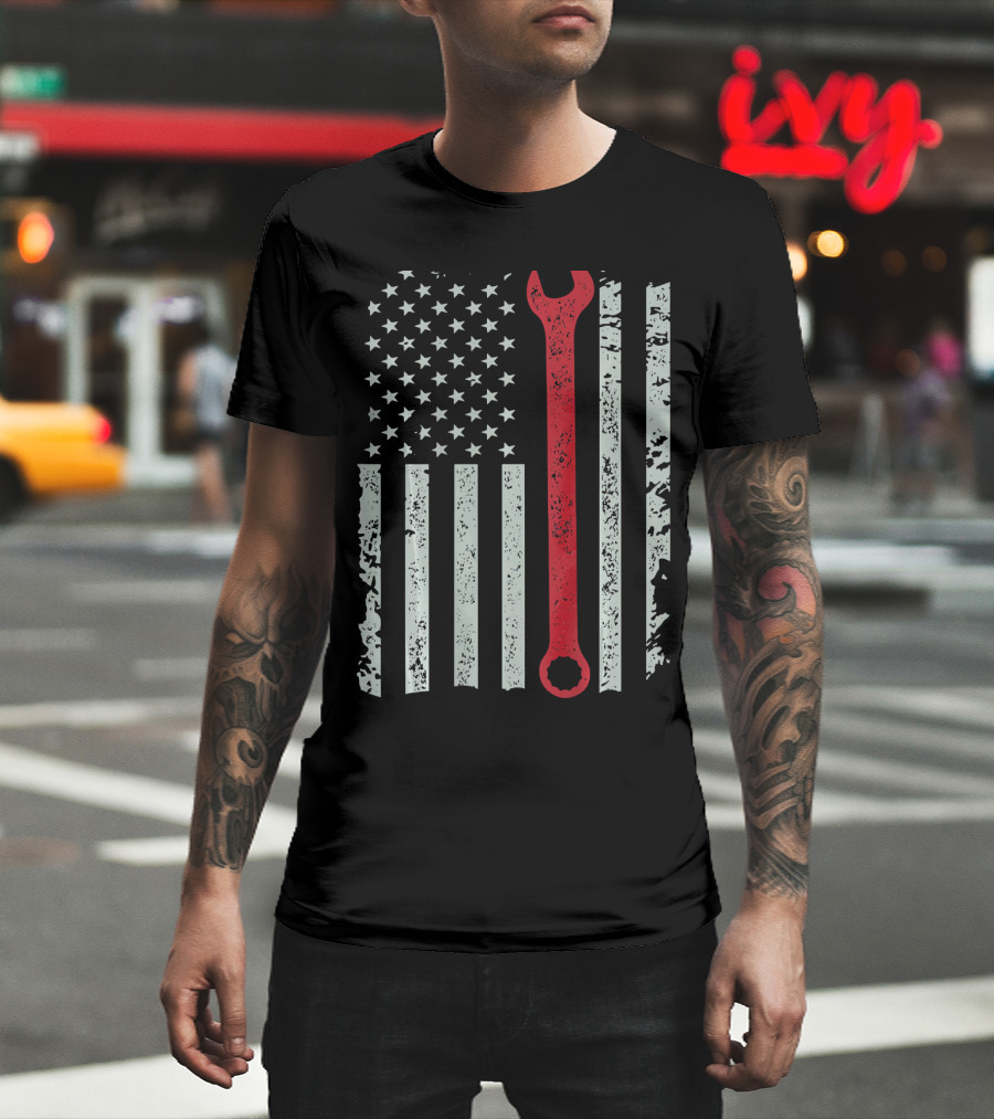 American Flag With Red Mechanic Wrench T-Shirt