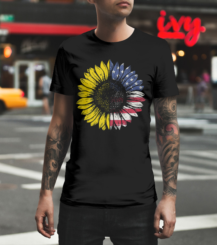Sunflower With American Flag Stars And Stripes Patriotic T-Shirt