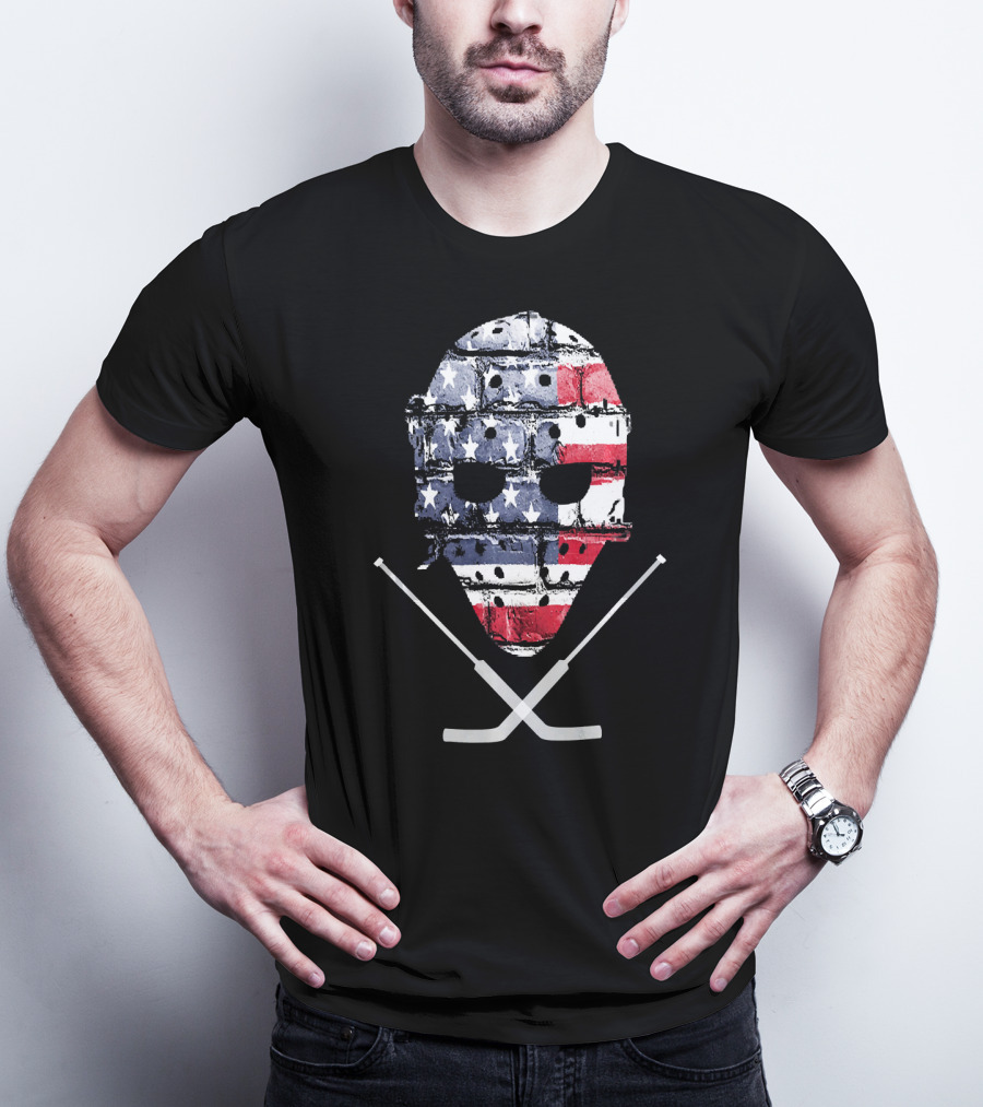 United States Hockey Goalie Mask With Flag And Sticks T-Shirt