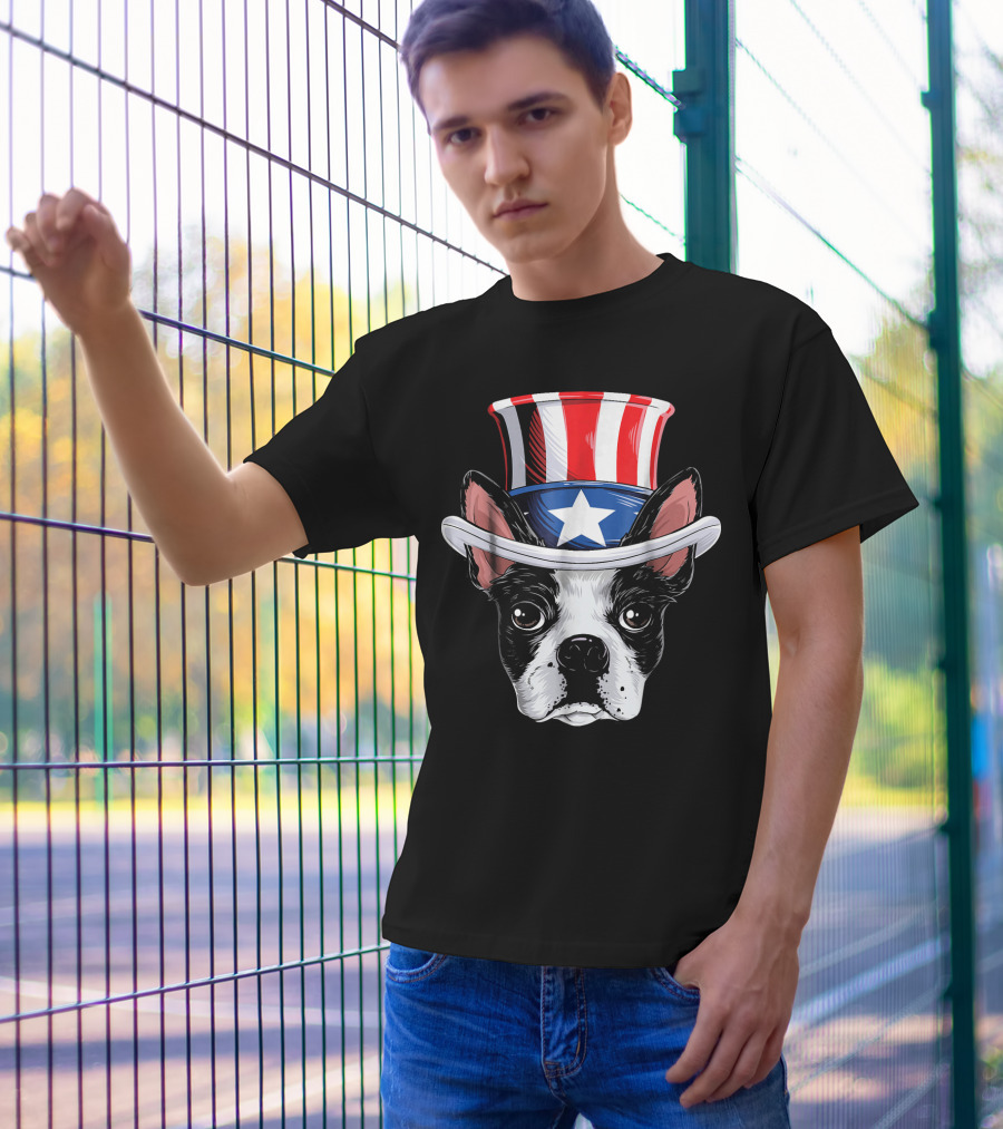 Boston Terrier Wearing Uncle Sam Hat With Star And Stripes T-Shirt