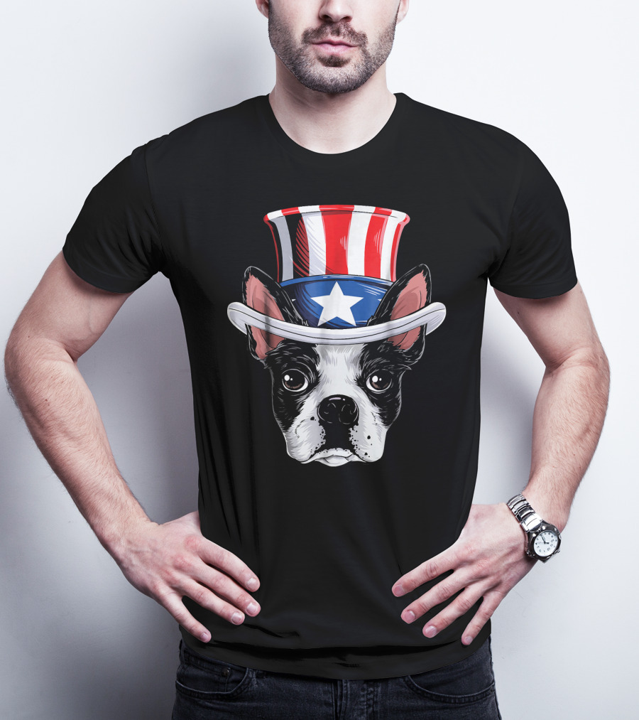 Boston Terrier Wearing Uncle Sam Hat With Star And Stripes T-Shirt