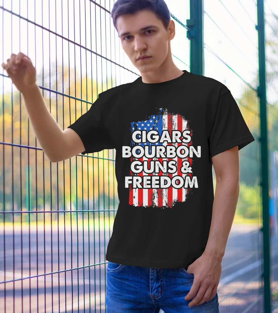 Cigars Bourbon Guns And Freedom American Flag Patriotic T-Shirt