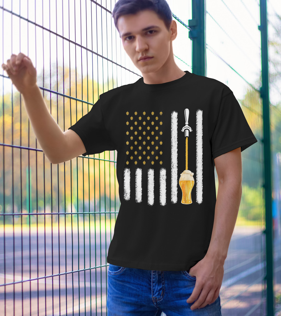 USA Flag Hops Pattern Craft Beer Tap Pouring T-Shirt