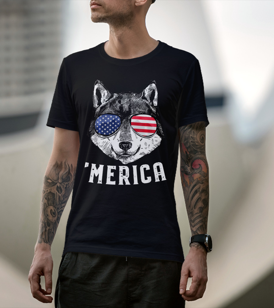 Patriotic Wolf American Flag Sunglasses 'Merica T-Shirt