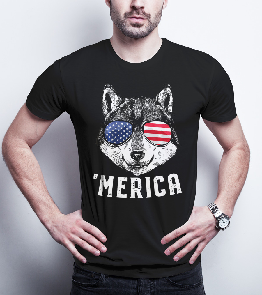 Patriotic Wolf American Flag Sunglasses 'Merica T-Shirt