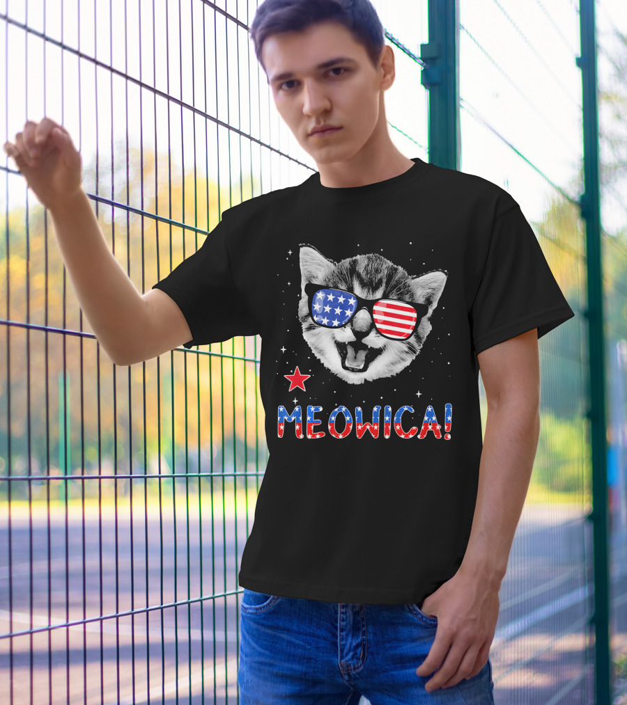 Meowica Cat With American Flag Glasses And Stars T-Shirt