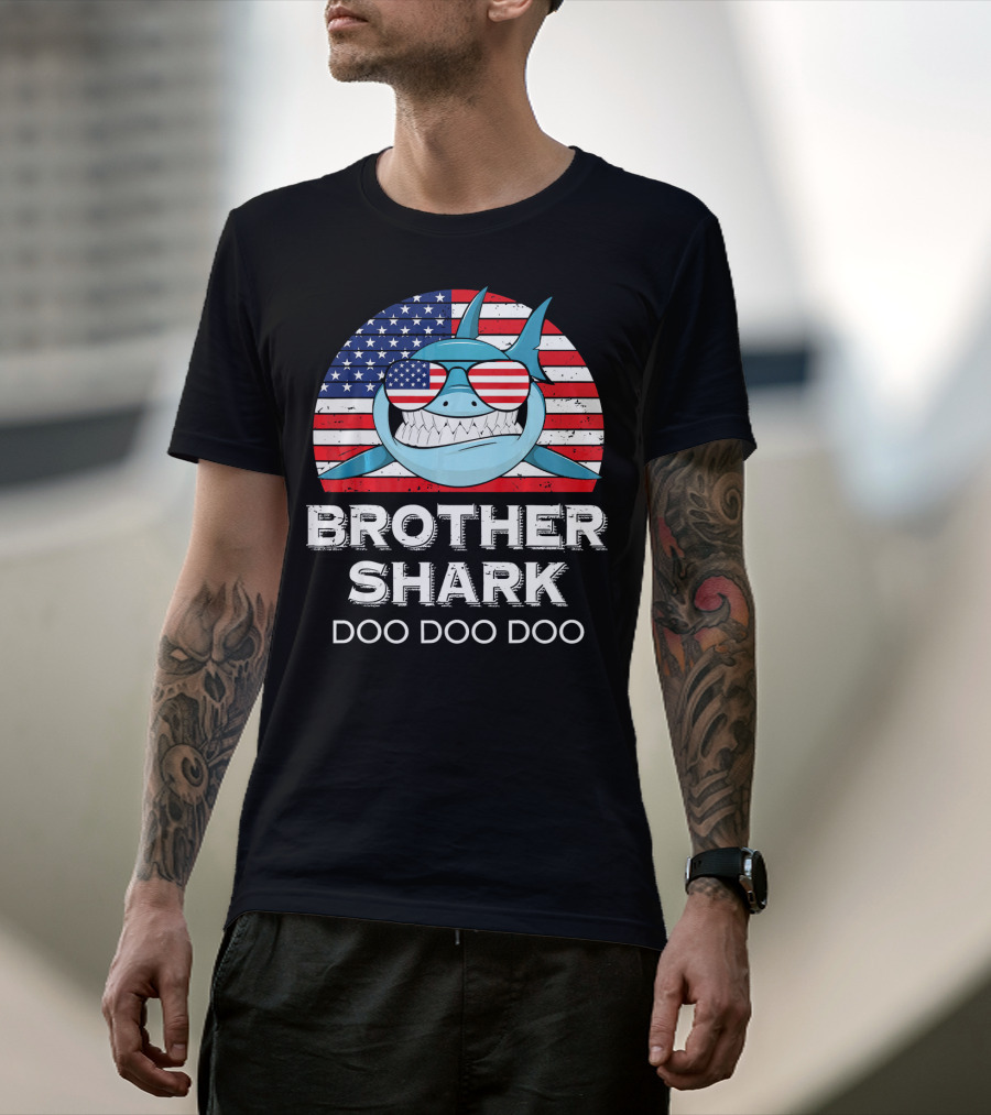 Brother Shark Doo Doo Doo American Flag Sunglasses T-Shirt