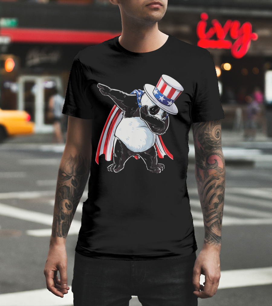 Uncle Sam Panda Dabbing With Stars And Stripes Hat And Cape T-Shirt