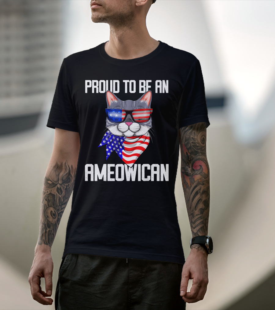 Proud To Be An Ameowican Cat With American Flag Glasses And Scarf T-Shirt