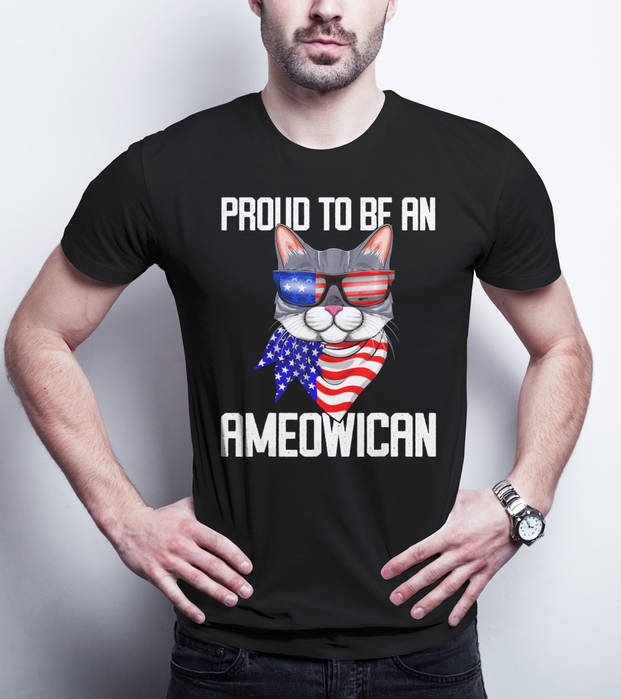 Proud To Be An Ameowican Cat With American Flag Glasses And Scarf T-Shirt