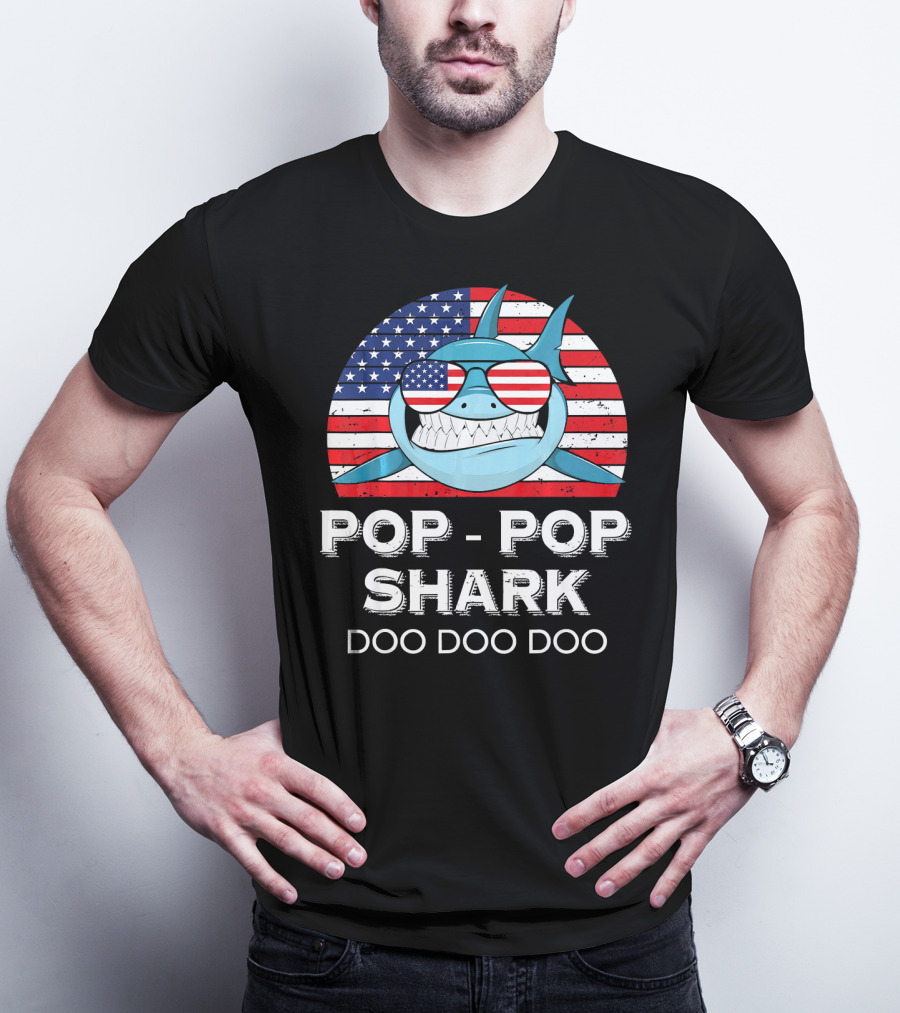Pop Pop Shark Doo Doo Doo USA Flag Sunglasses T-Shirt