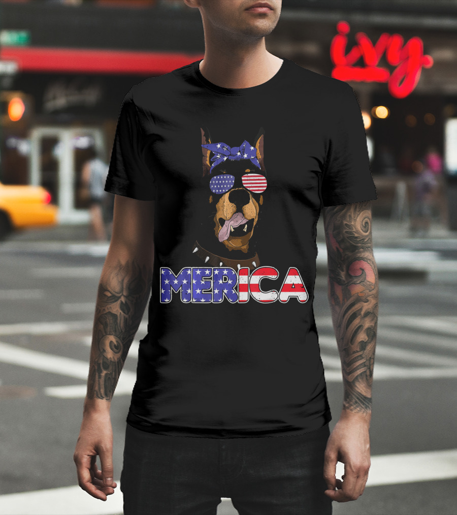 Patriotic Merica Doberman Pinscher With American Flag Bandana And Sunglasses T-Shirt