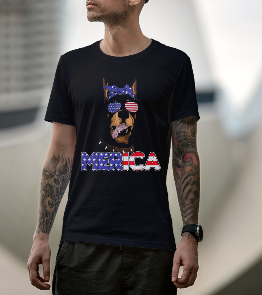 Patriotic Merica Doberman Pinscher With American Flag Bandana And Sunglasses T-Shirt
