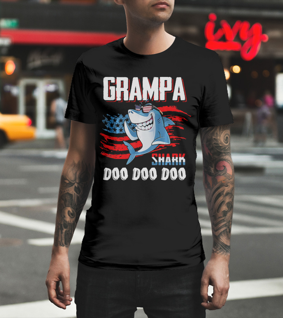 Grampa Shark Doo Doo Doo American Flag Sunglasses T-Shirt