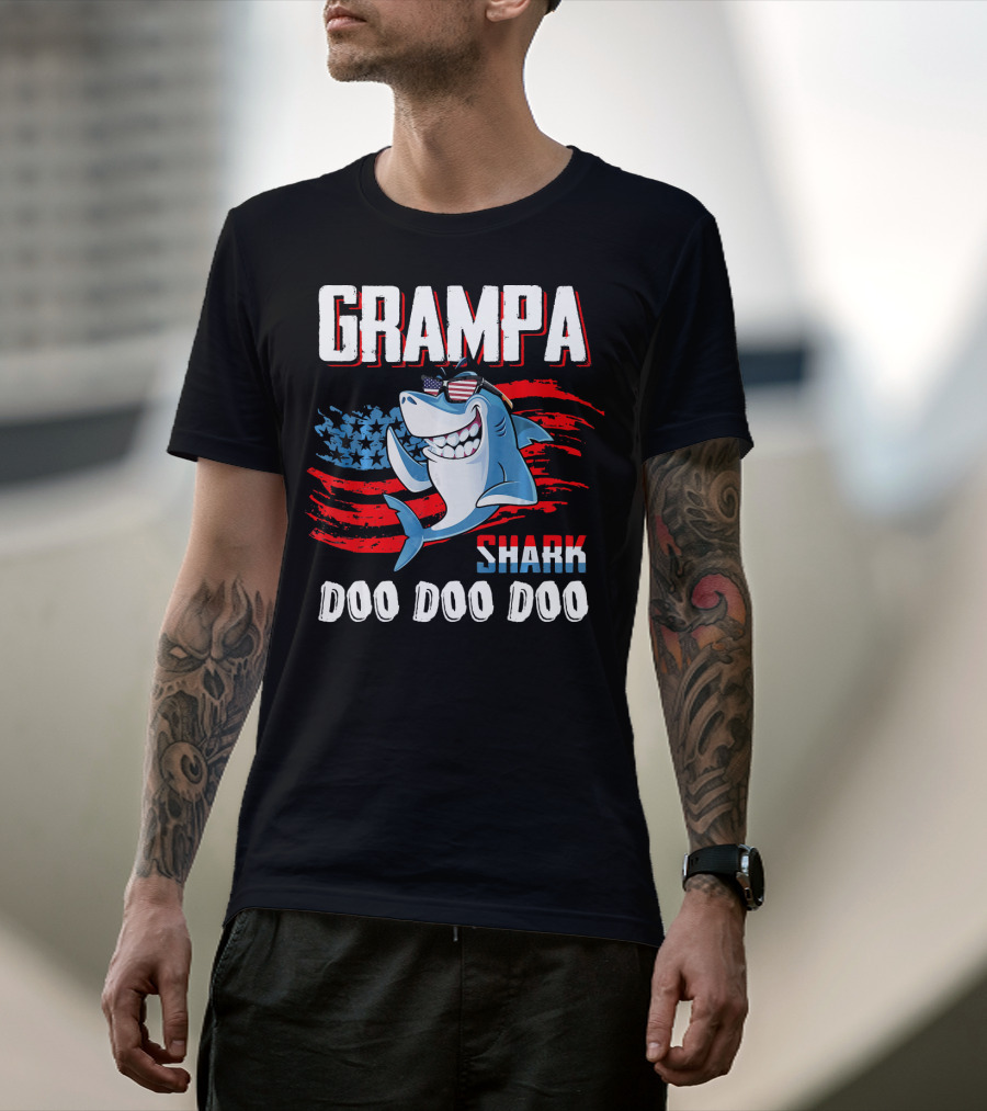 Grampa Shark Doo Doo Doo American Flag Sunglasses T-Shirt