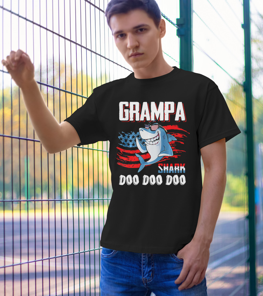 Grampa Shark Doo Doo Doo American Flag Sunglasses T-Shirt
