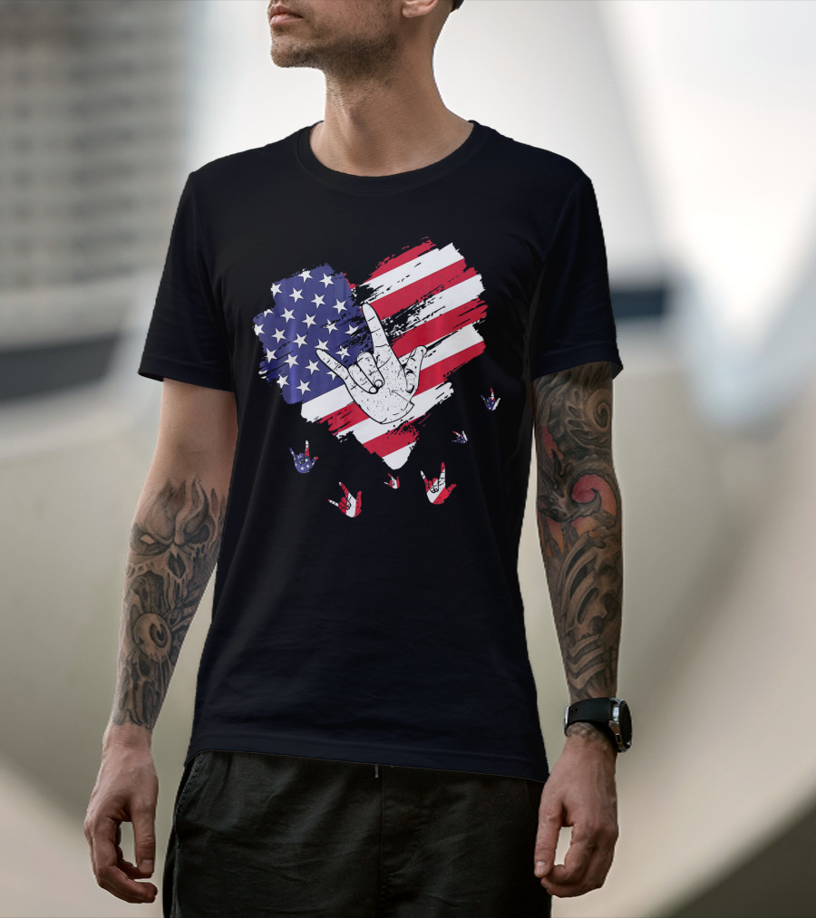 I Love You American Sign Language Hand Shape Heart With USA Flag Colors T-Shirt