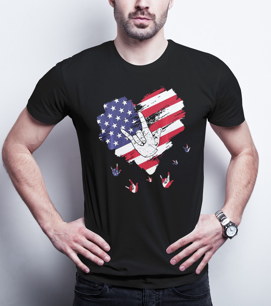 I Love You American Sign Language Hand Shape Heart With USA Flag Colors T-Shirt