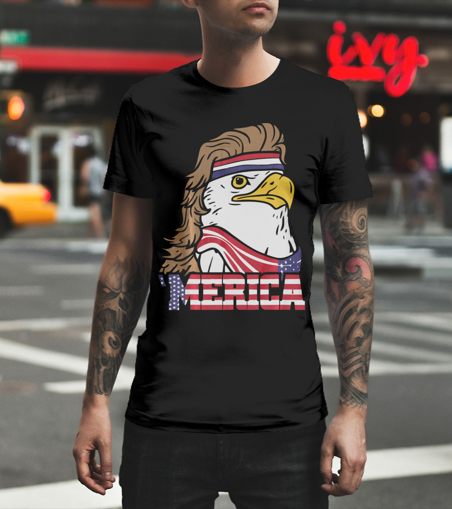 'Merica Bald Eagle Mullet Headband American Flag T-Shirt