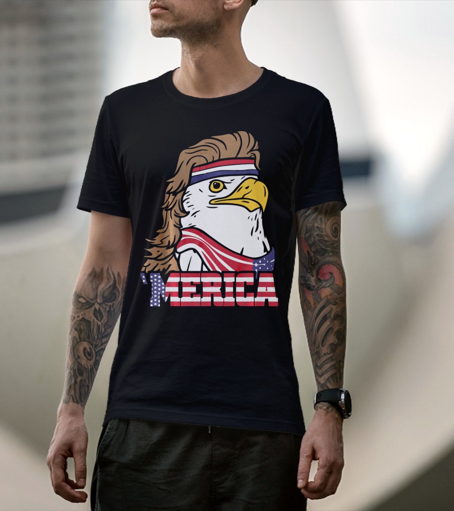 'Merica Bald Eagle Mullet Headband American Flag T-Shirt