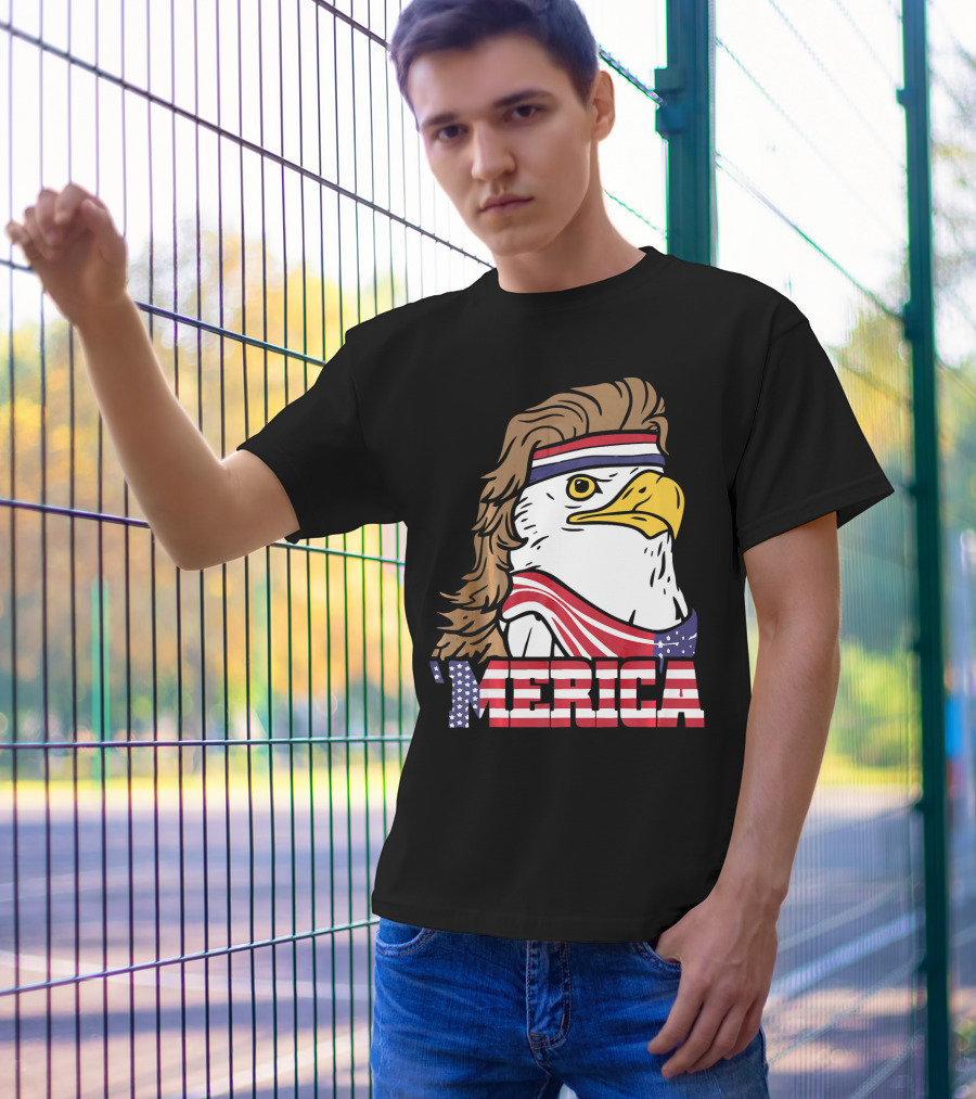 'Merica Bald Eagle Mullet Headband American Flag T-Shirt