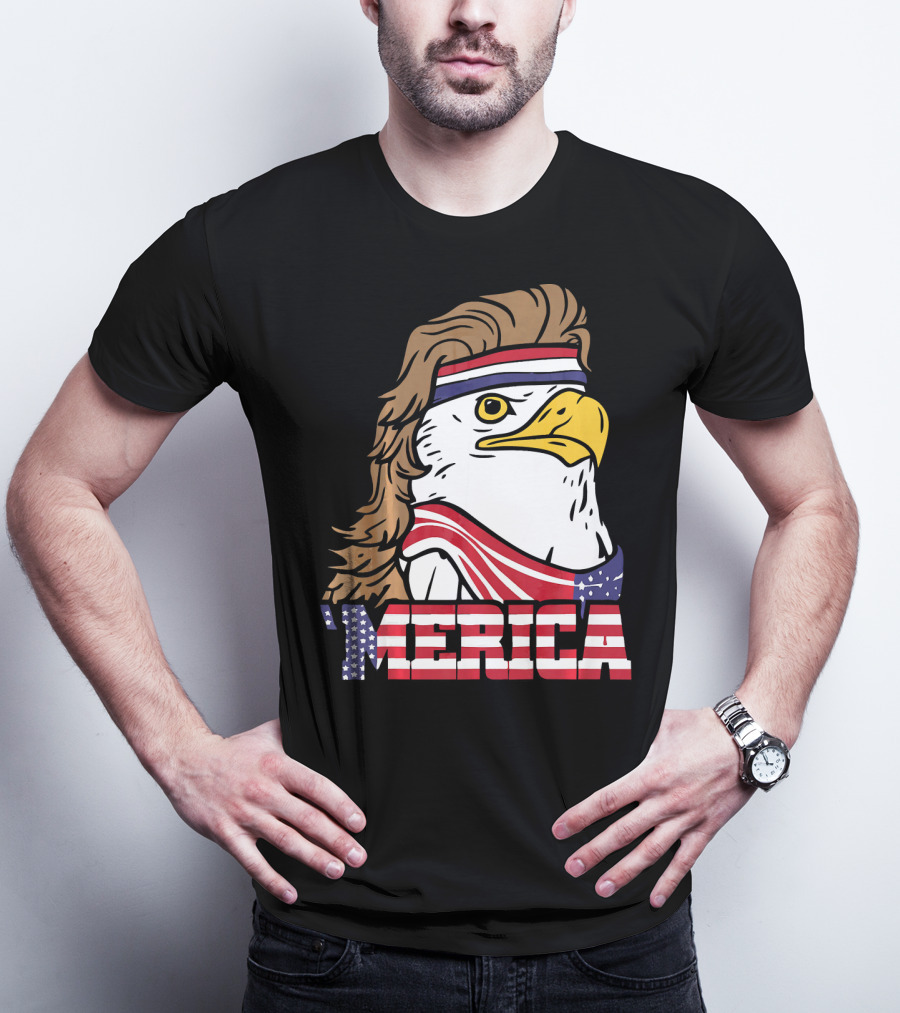 'Merica Bald Eagle Mullet Headband American Flag T-Shirt