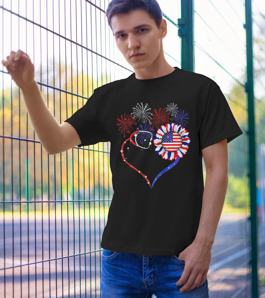 Nurse Heart Stethoscope Sunflower American Flag Fireworks T-Shirt