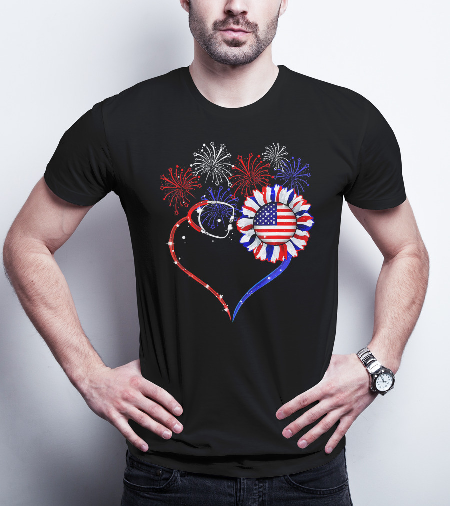 Nurse Heart Stethoscope Sunflower American Flag Fireworks T-Shirt