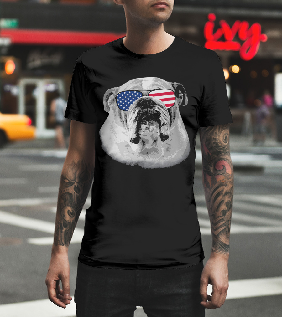 Patriotic Bulldog Dog Merica American Flag Sunglasses T-Shirt