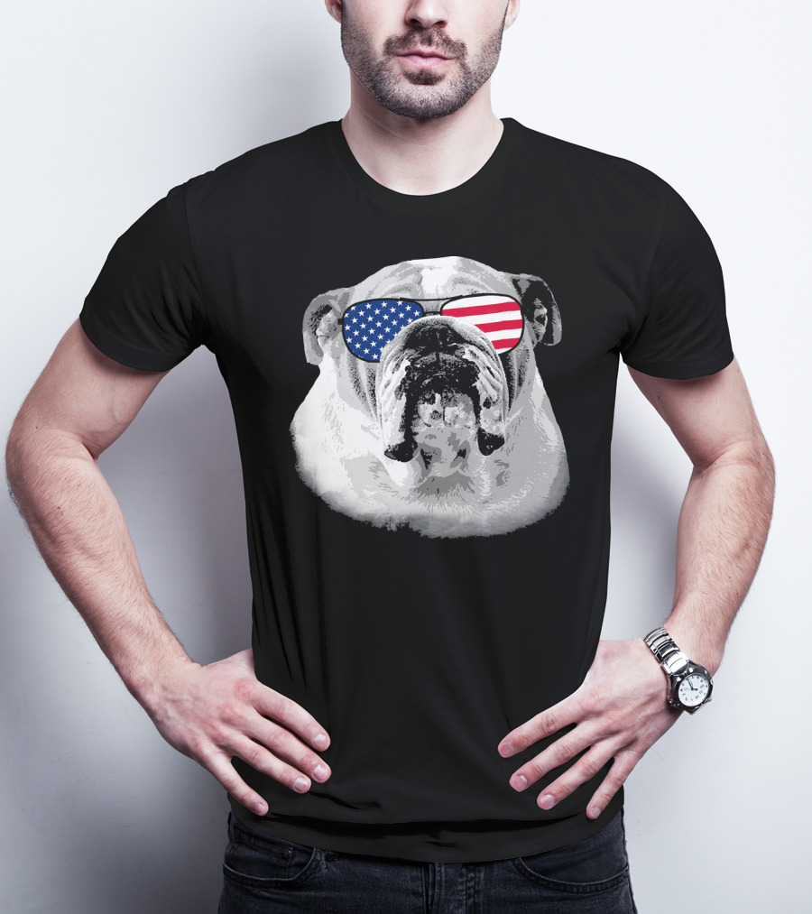 Patriotic Bulldog Dog Merica American Flag Sunglasses T-Shirt
