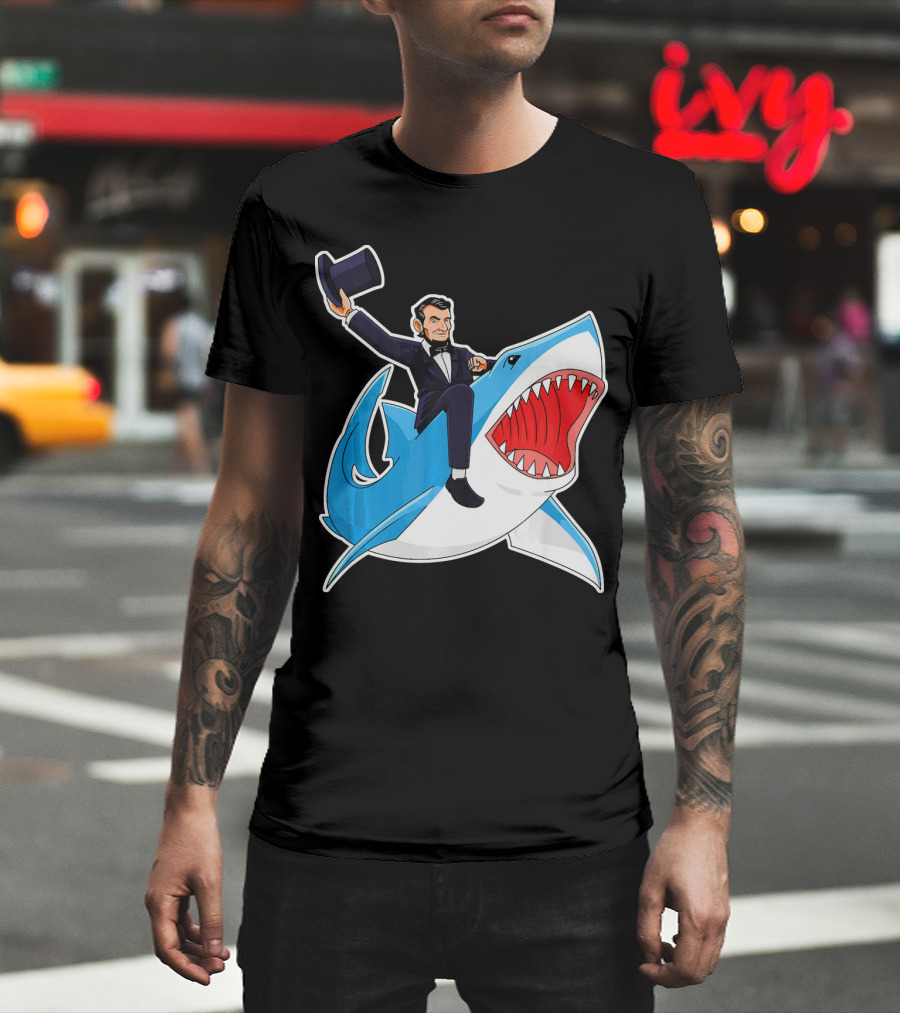 Abraham Lincoln Riding A Shark Waving Top Hat Adventure T-Shirt
