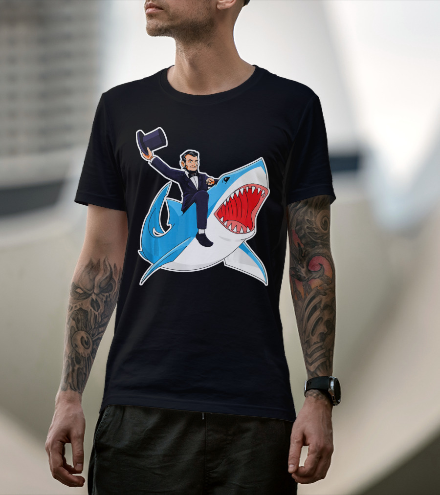 Abraham Lincoln Riding A Shark Waving Top Hat Adventure T-Shirt