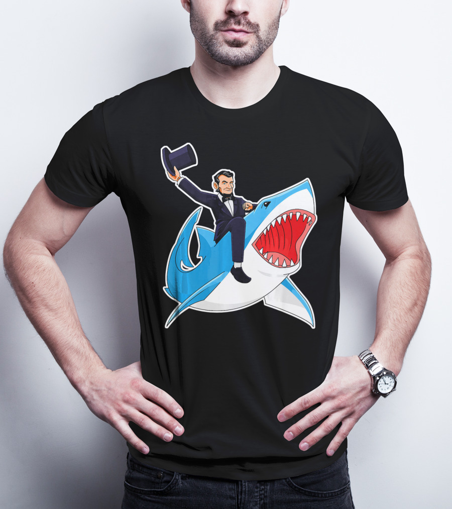 Abraham Lincoln Riding A Shark Waving Top Hat Adventure T-Shirt