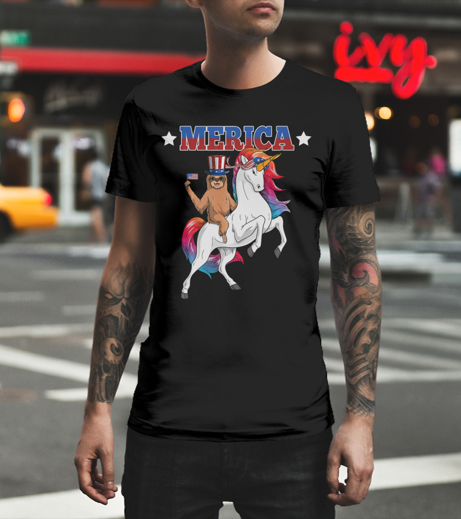 Merica Sloth Riding Patriotic Unicorn With USA American Flag T-Shirt