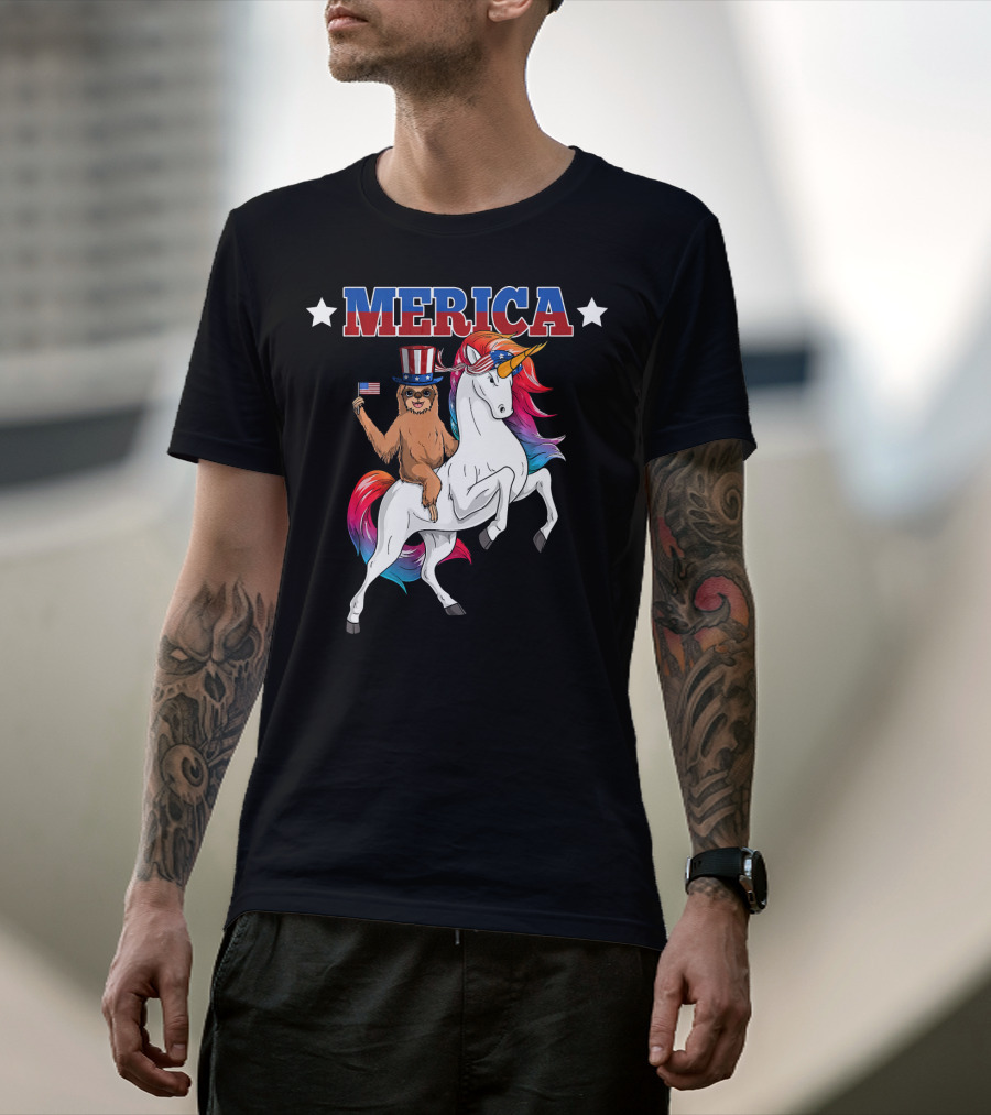 Merica Sloth Riding Patriotic Unicorn With USA American Flag T-Shirt