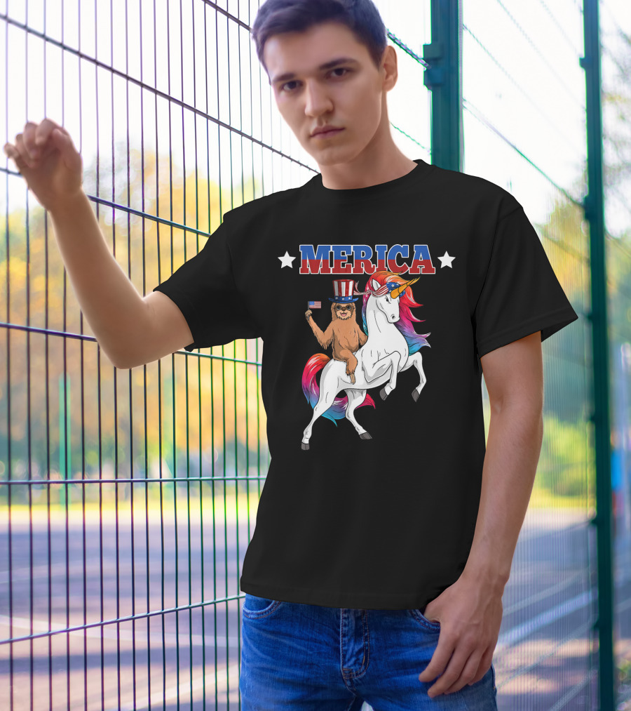 Merica Sloth Riding Patriotic Unicorn With USA American Flag T-Shirt